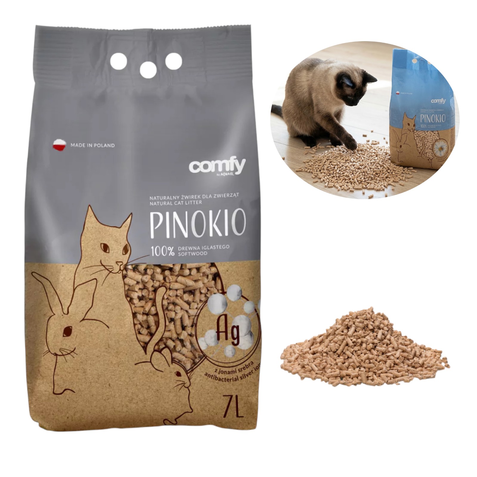 COMFY PINOKIO Żwirek SILVER Drewniany z Jonami Srebra dla Kota Królika ...